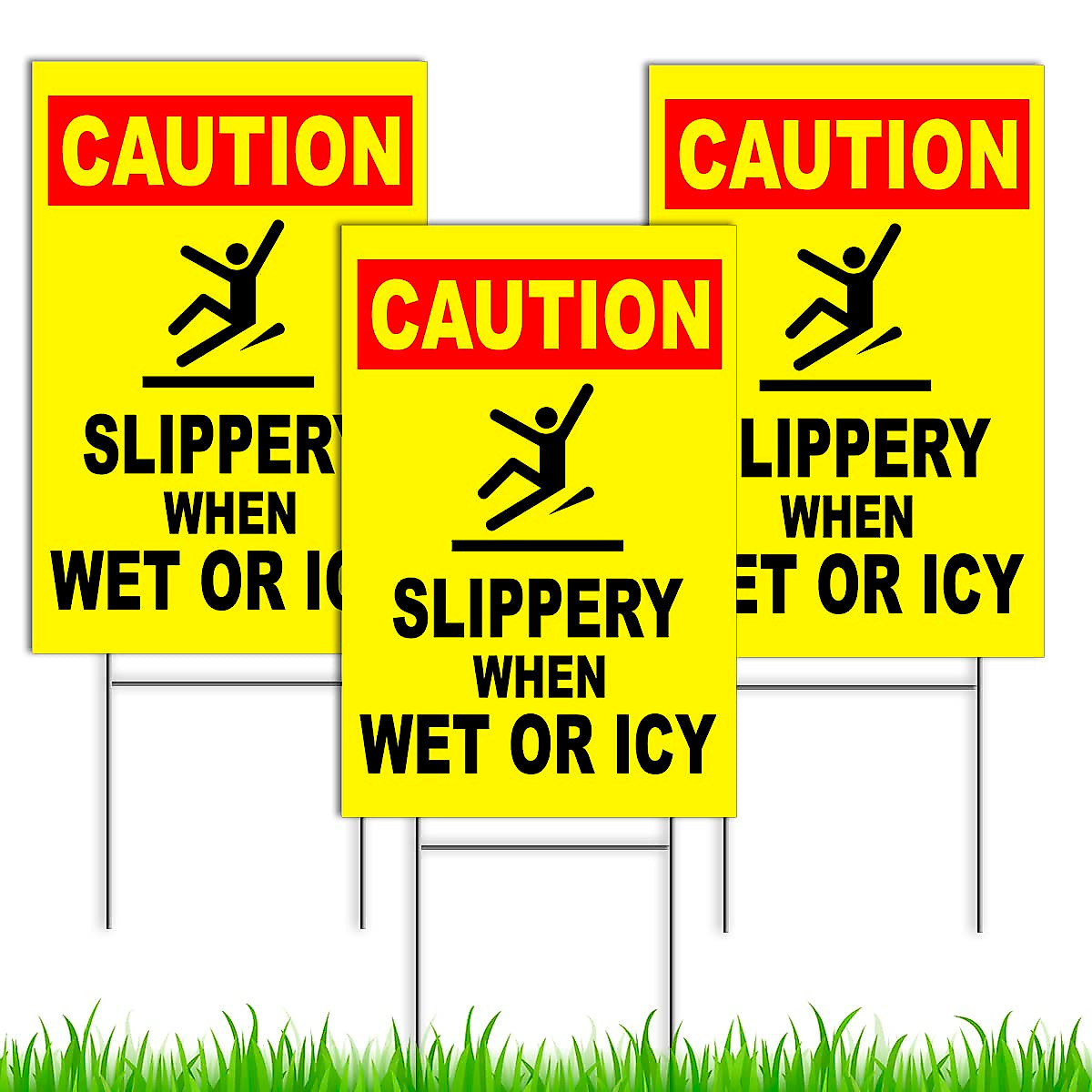 3 PC Caution Slippery When Wet Sign - 8 x 12 Double Sided Coroplast Wet Floor Signs - Watch Your Step Sign - Wet Floor Signs Commercial