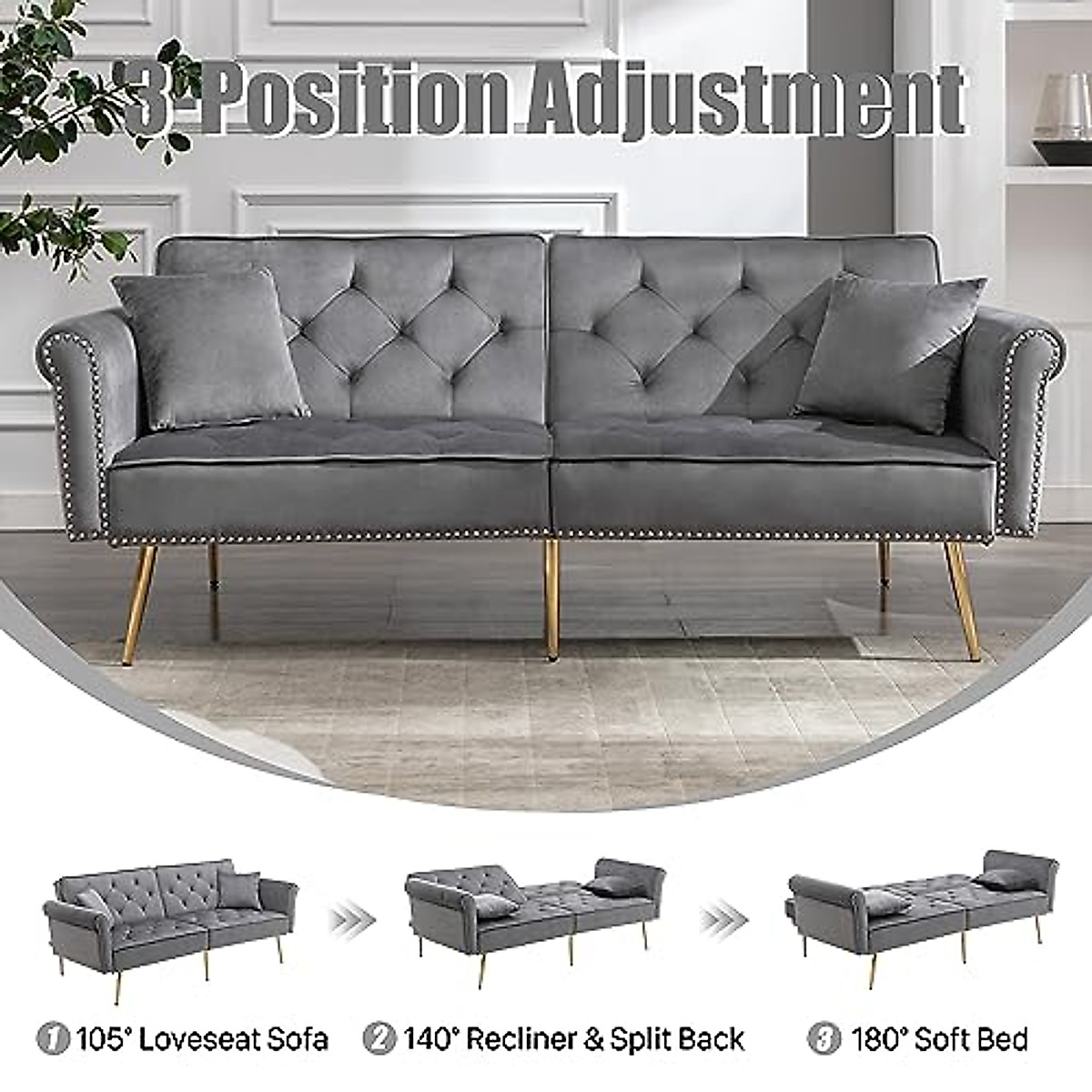 civama Futon Sofa Bed, Velvet 76" Twin Size Couch with 2 Pillows, Convertible 3-Seater 3 Adjustable Angle Tufted Sleeper with Nailhead Trim, Golden Metal Legs Folding Futon for Living Space, Gray