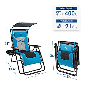 Coastrail Outdoor Zero Gravity Chair Reclining Lounger with Sun Shade, Padded Seat, Mesh Back, Pillow, Cup Holder & Side Table for Sports Yard Patio Lawn Camping, Aqua/Black