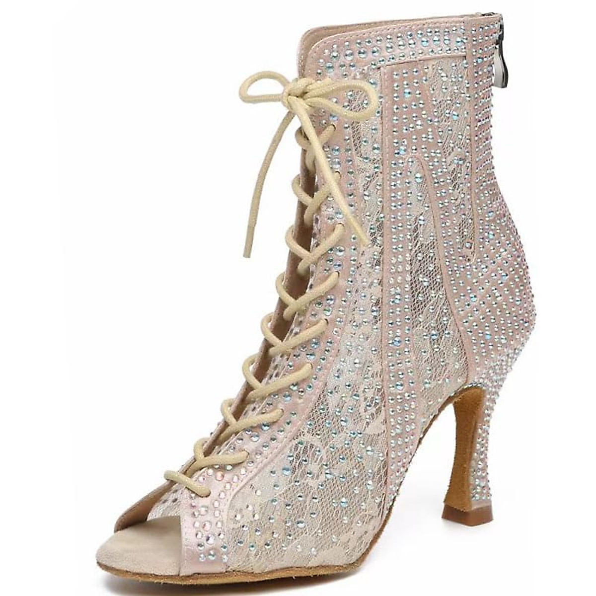 denova's Women's Lace-up High Heel Comfort Ankle Boot Zipper Dancing Shoel for Latin Slasa Ballroom (12,beige outdoor(rubber outsole W-18092),12)