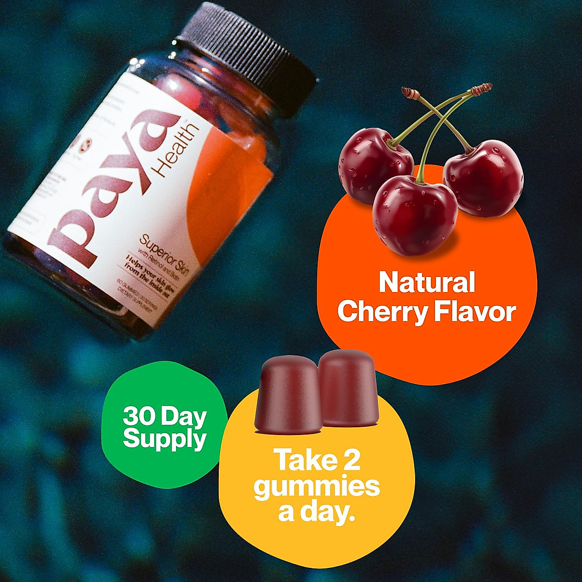 Paya Health Skin Retinol and Biotin Gummies for Clear, Smooth Skin, Healthy Hair & Nails | Supplement with Zinc, Vitamins A, E and C | Non-GMO, Gluten-Free, Cherry Flavor, 60 Count