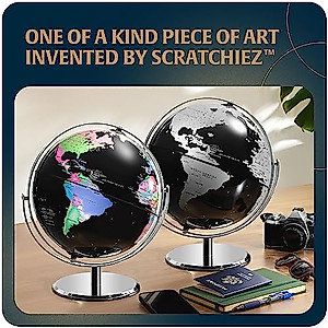 Scratch Off World Globe with Stand for Home and Office Decor | 10” Sphere Earth Globes with Scratchable Foil | A Unique Travel Gift for Travelers | World Map Desktop Globe | Travel Map Scratch Map (Globe - Black & Silver)