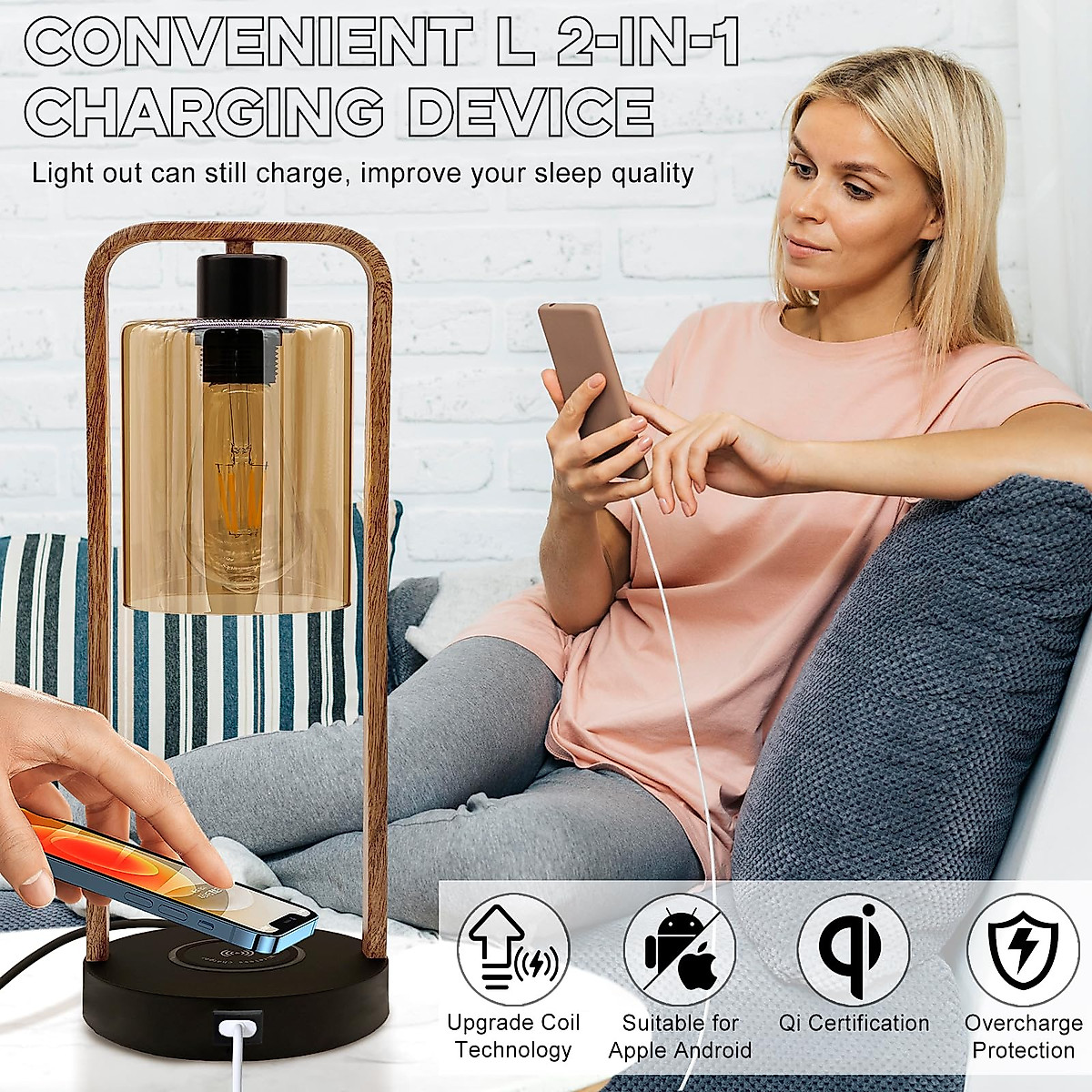 Wireless Charging Touch Lamps for Nightstand Set of 2 - Industrial Table Lamps for Bedrooms 3-Way Dimmable Bedside Lamps with USB, Wood Grain Desk Lamps with Amber Glass Shade for Home, Bulbs Included