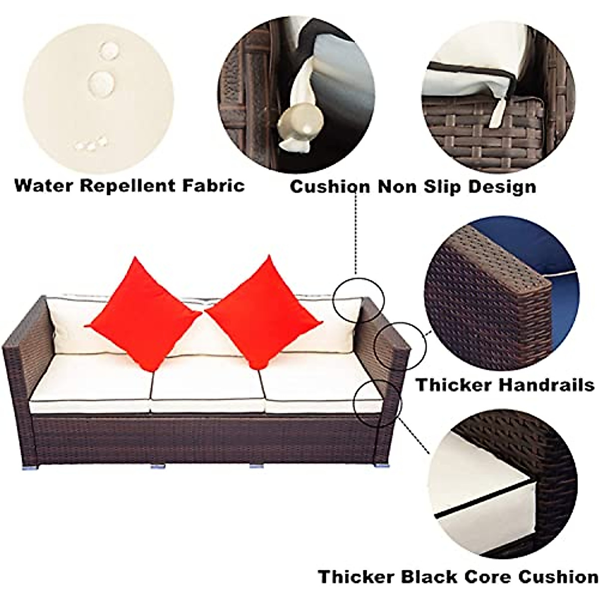 GAOPAN 3 Piece Outdoor Patio Conversation Sectional Couches Furniture Set, Rattan Wicker Garden Corner Sofas with Tempered Glass Top Coffee Table and Removable Soft Cushion, Beige+Brown