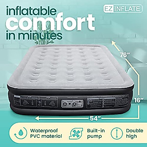 EZ INFLATE Air Mattress with Built in Pump - Full Size Double-High Inflatable Mattress with Flocked Top - Easy Inflate, Waterproof, Portable Blow Up Bed for Camping & Travel