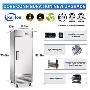 27" W Commercial Freezer, Reach-in 23 Cu.ft Stainless Steel Freezer with Single Solid Door, Upright Fan Cooling Freezer with 4 Adjustable Shelves, for Restaurant, Commercial Kitchen, Home