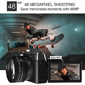 eDealz 4K 48MP Digital Camera for Photography, Vlogging Camera for YouTube with 3.0’’ 180° Flip Screen, WiFi, 16X Digital Zoom, Wide Angle & Macro Lens Rechargeable Battery, 64GB Micro SD Card (Black)