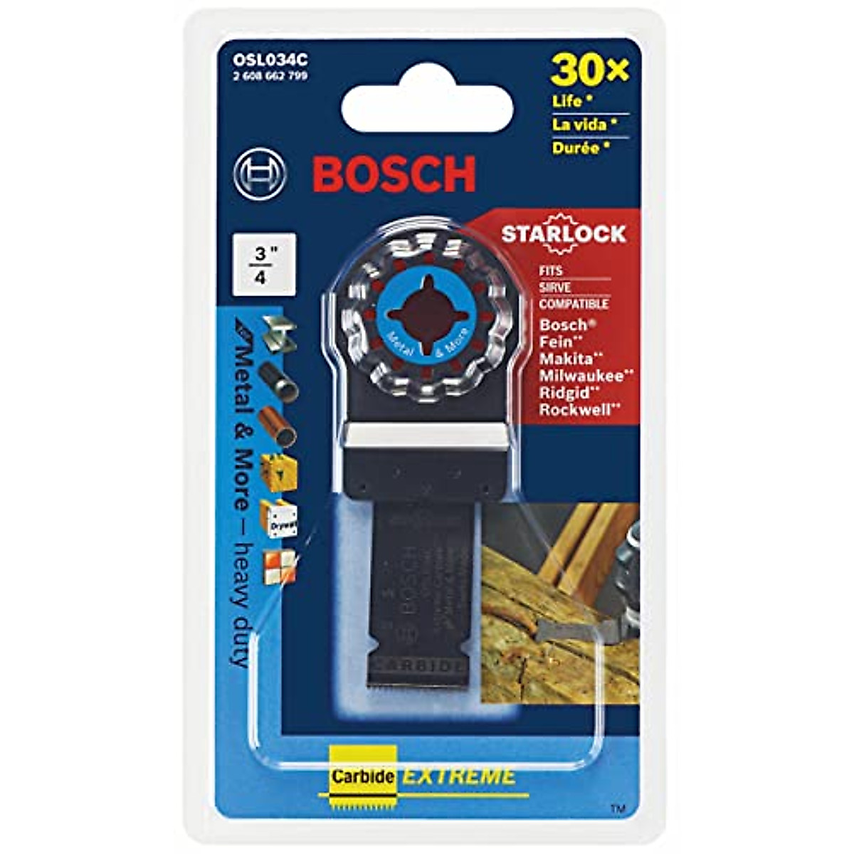 BOSCH OSL034C 1-Piece 3/4 In. Starlock Oscillating Multi Tool Metal & More Carbide Extreme Plunge Cut Blade for Cutting Iron Bar, Metal, Wood with Nails, Drywall and Tile