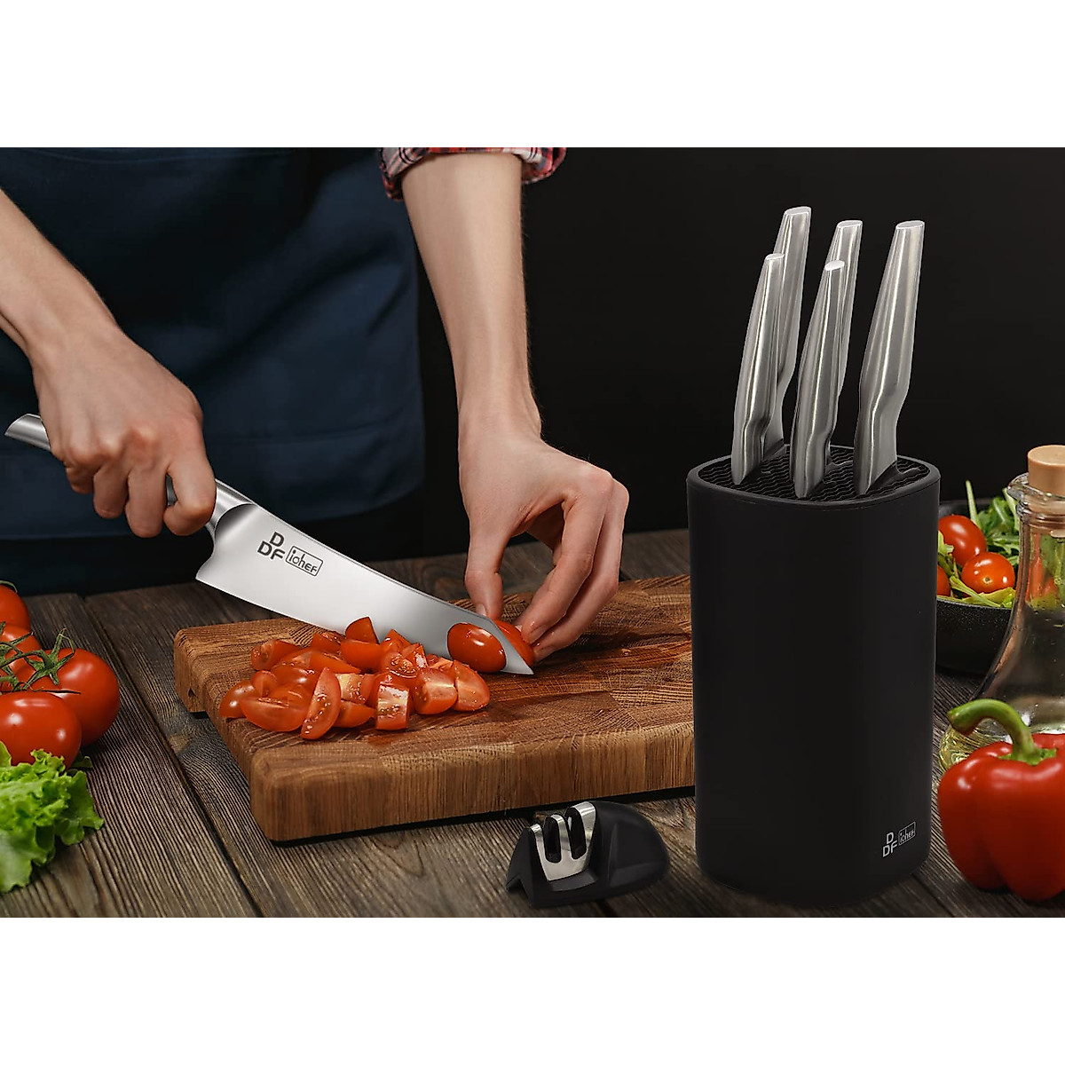 DDF iohEF Kitchen Knife Set with Block, 7 Piece Premium High Carbon Stainless Steel Knives Set with Knife Sharpener, Ultra Sharp Knife Block Set