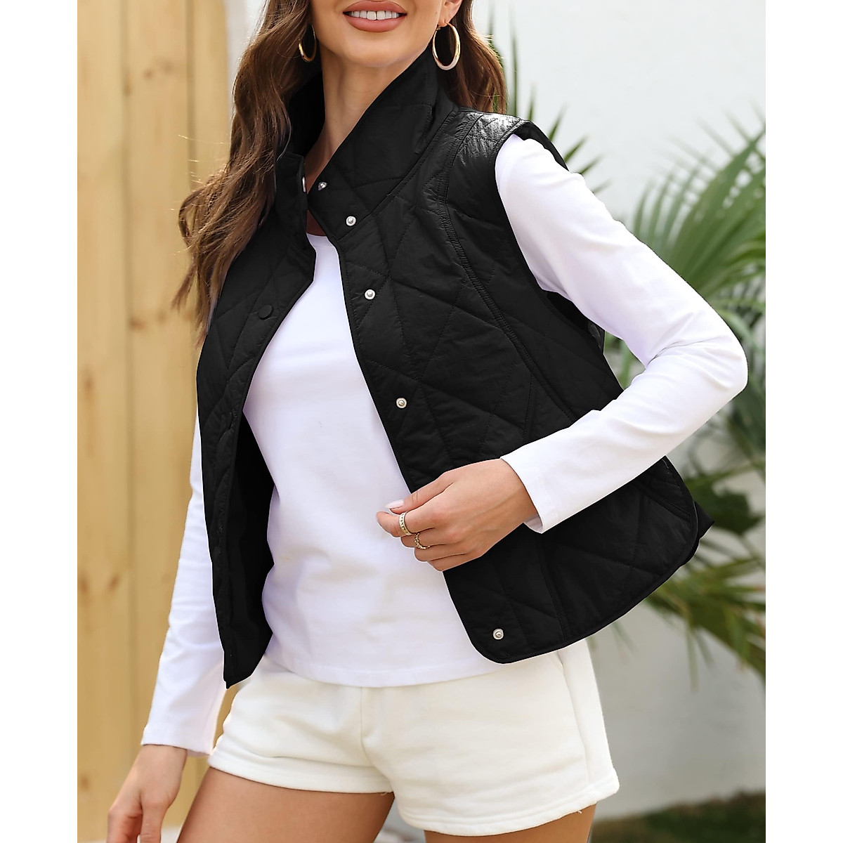 Veatzaer Womens Oversized Puffer Vest Cropped Quilted Stand Collar Lightweight Jacket Sleeveless Button Down Tops