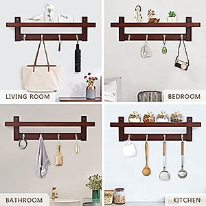 SONGWAY Wall Mounted Floating Shelf - Wall Coat Rack with Hooks and Shelf, Rustic Floating Shelf, Wood Wall Shelf with Hooks, Key Holder for Wall, Brown