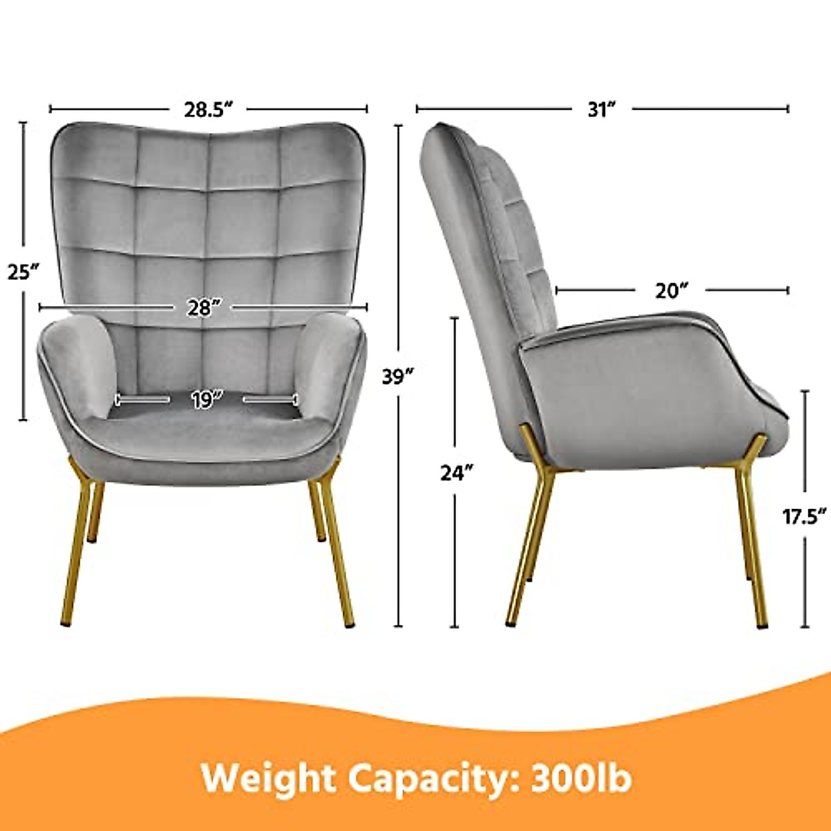 Yaheetech Accent Chairs Set of 2, Armchairs with Gold Metal Legs, Modern Living Room Chairs for Home Office/Bedroom, Light Gray, 2pcs
