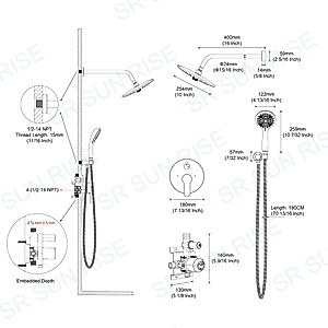 SR SUN RISE Shower Faucet - 3 Function High Pressure 10 Inch Shower Head System- 6 Setting Handheld Shower Head Fixtures- Valve Included - Brushed Nickel