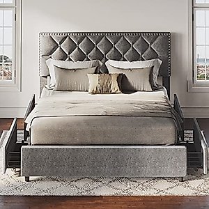 LIKIMIO Queen Bed Frame with 4 Storage Drawers, Velvet Upholstered Headboard with Button Tufted & Rivets, Easy Assembly, No Box Spring Needed (Grey, Queen)