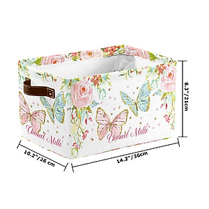 Floral Butterfly Pink Personalized Storage Bins Custom Baskets Cubes Organizer With Handle for Home Nursery Supplies Clothes Toy 1 Pack