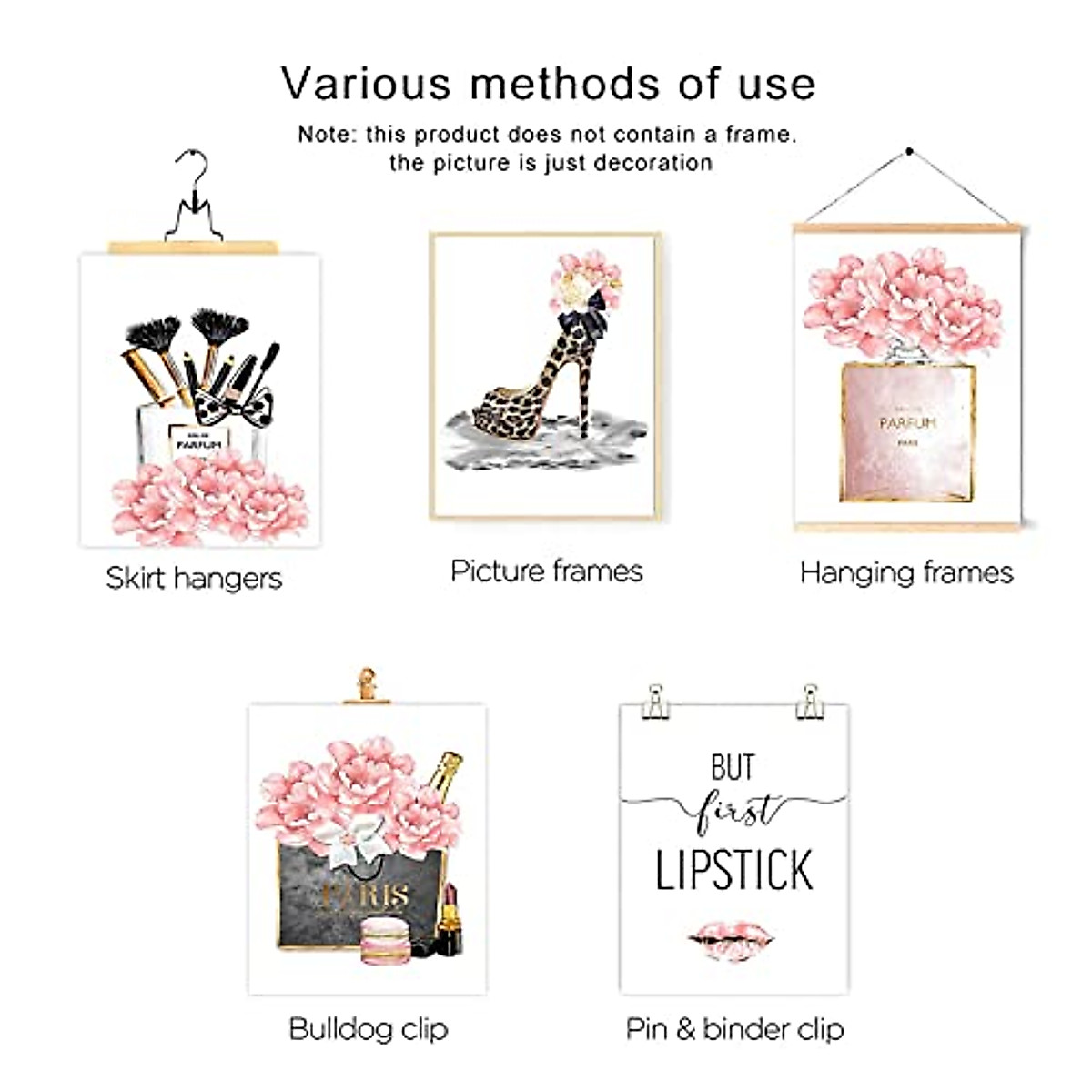 KALYLOC 6Pcs Pink Fashion Women Canvas Wall Art Prints, Pink Flower Perfume Makeup Brush High Heels Handbags Pictures Paintings, Art Decorations for Living Room Bedroom Office (8''x12'' in Unframed)