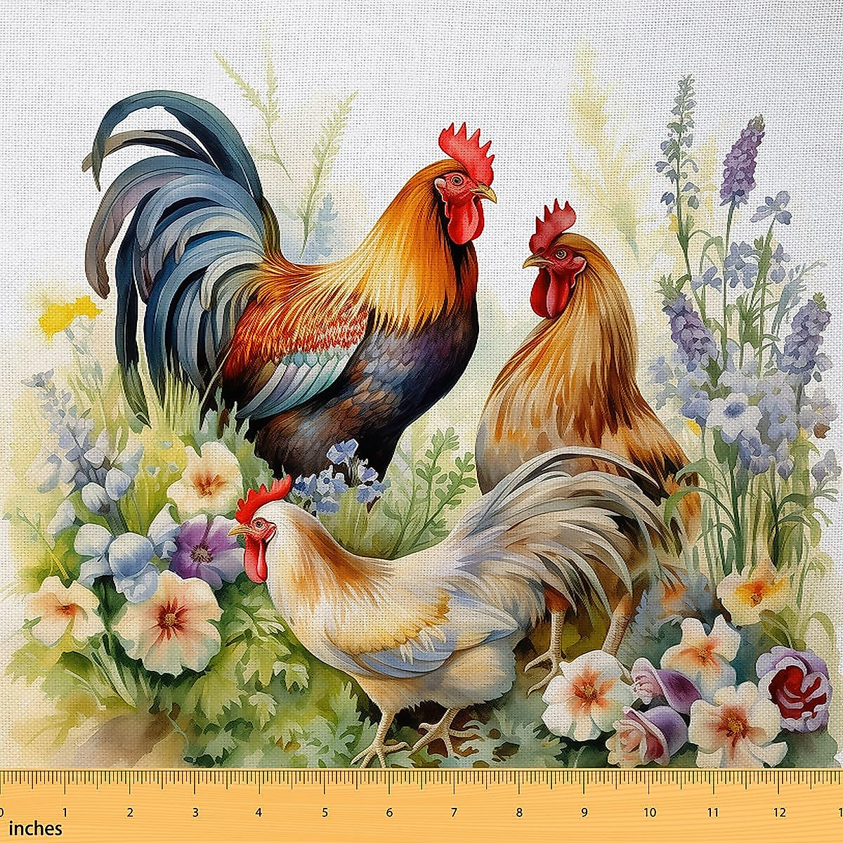 Erosebridal Rustic Farmouse Chicken Fabric by The Yard,Rainbow Rooster Decorative Fabric,Colourful Floral Upholstery Fabric,Farm Animals Outdoor Fabric,Oil Painting Style Fabric for Home,1 Yard