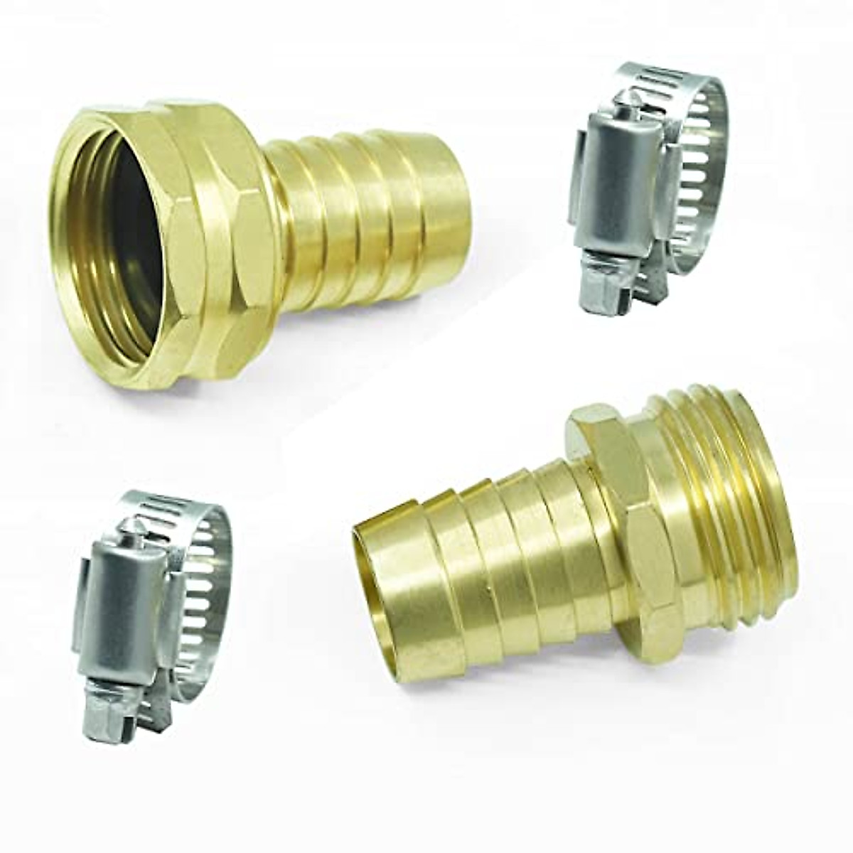 PLG Solid Brass 3/4 Inch Garden Hose Repair Kit Male and Female Hose End Repair Water Hose Fittings Connector with Stainless Steel Clamp