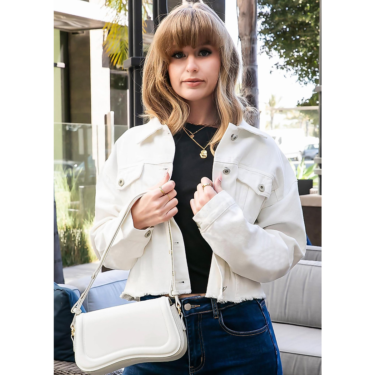 Anna-Kaci Women's Denim Jacket Cropped Raw Hem Casual Button Down Jean Jacket with Pockets, White, Large