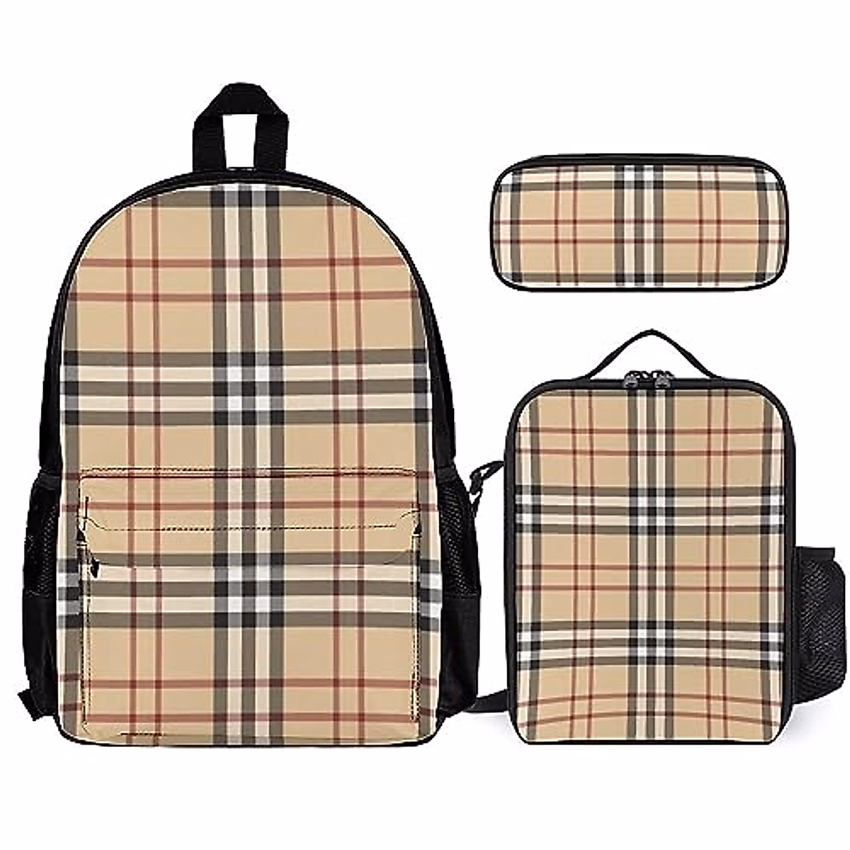 JZDACH Adults Daypack - Beige Plaid Stripes Pattern Bookbag 3 Piece College Daypack Traveling & Camping Backpack, 3 Piece Daypack Climbing Shoulder Bag