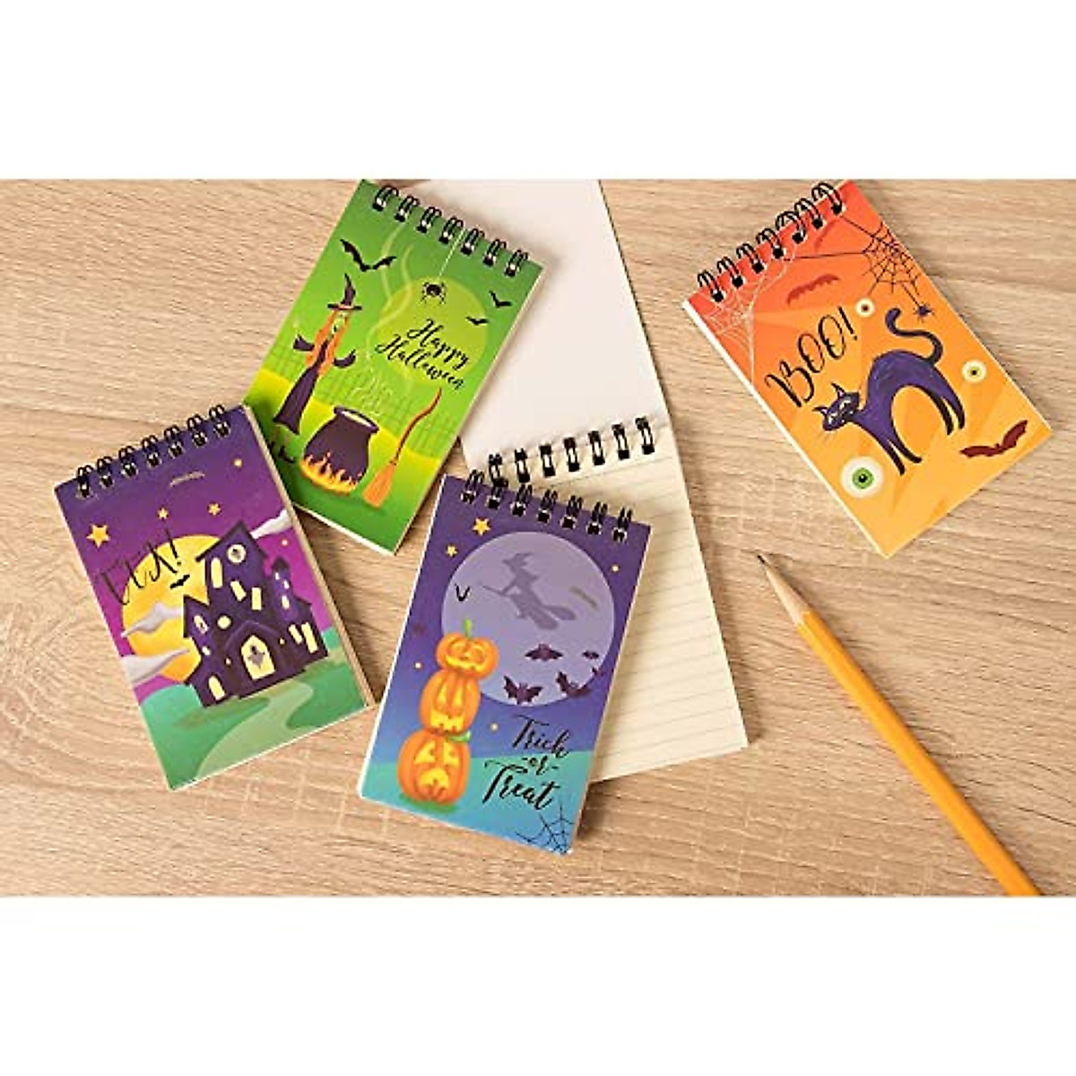Spiral Notepad - 24-Pack Top Bound Notebooks, Bulk Mini Spiral Notepads for Notes, to-do Lists, Kids Halloween Party Favors, Trick-or Treating, Lined Paper, 4 Halloween Designs, 2.75 x 4.25 Inches