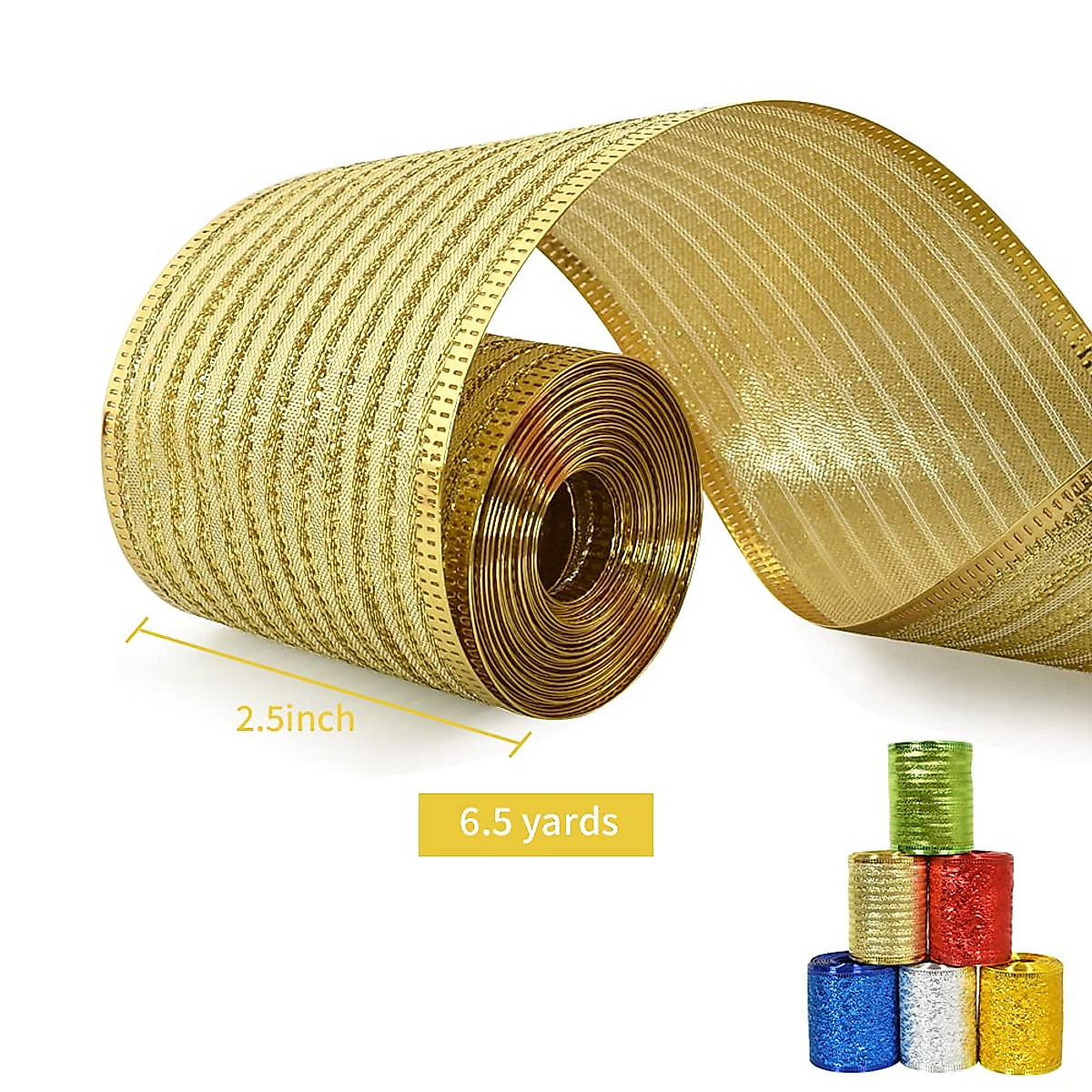 TONIFUL Christmas Ribbon Bright Champagne Gold Wired Edged Ribbons Roll Sparking Metallic Glitter Ribbon 2-1/2 Inch Wide for Xmas Tree Decorations Wreath DIY Crafts Bows Tree Gift Wrapping（6.5 Yards）
