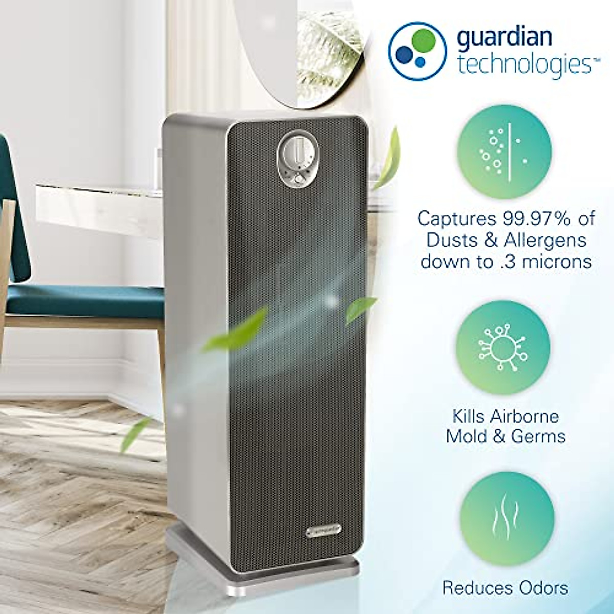 Germ Guardian AC4900CA 22” 3-in-1 True HEPA Filter Air Purifier for Home, Full Room, UV-C Light Kills Germs, Filters Allergies, Smoke, Dust, Pet Dander, & Odors, 3-Yr Wty, GermGuardian, Black