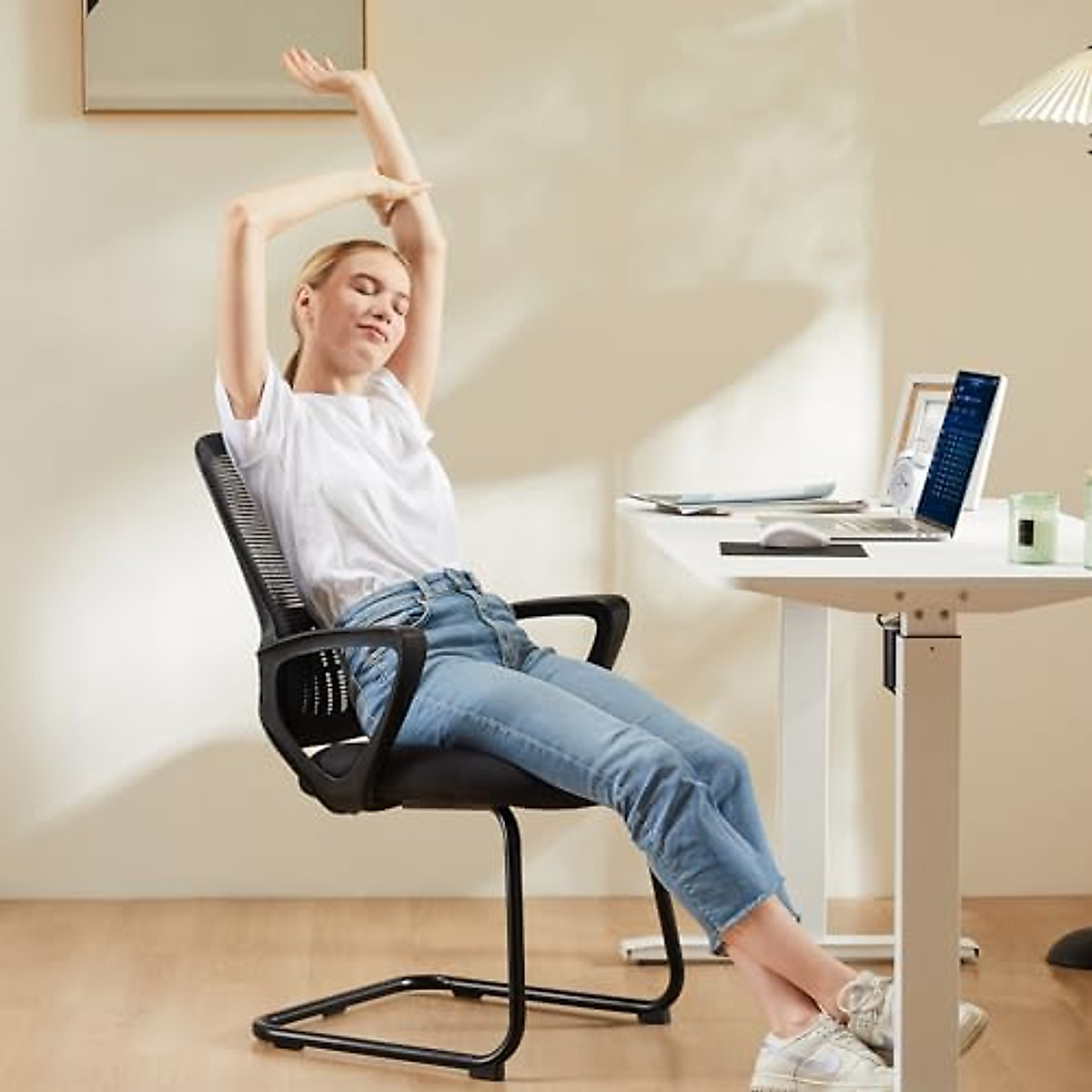 DUMOS Office Desk Chair No Wheels, Ergonomic Executive Sled Base Mesh Computer Chairs with Comfy Arms and Lumbar Support for Home Conference Room Bedroom Waiting Reception Guest Student Elderly