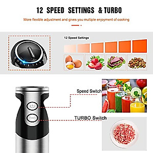 MegaWise Pro Titanium Reinforced 3-in-1 Immersion Hand Blender, Powerful with 80% Sharper Blades, 12-Speed Corded Blender, IncludingWhisk and Milk Frother (Black Or Red)