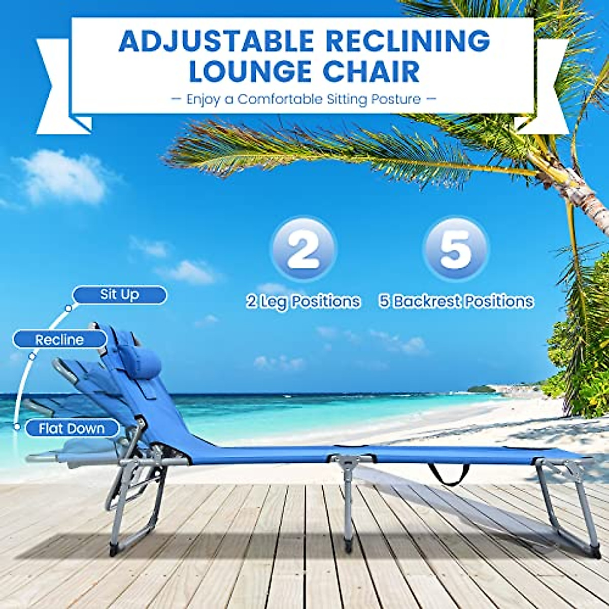 Moccha Folding Lounge Chair, Adjustable Beach Bed, Foldable Recliner with Pillow, Sunbathing Headrest and Tray, for Outdoor, Camping, Backyard, Patio, Pool (Blue)