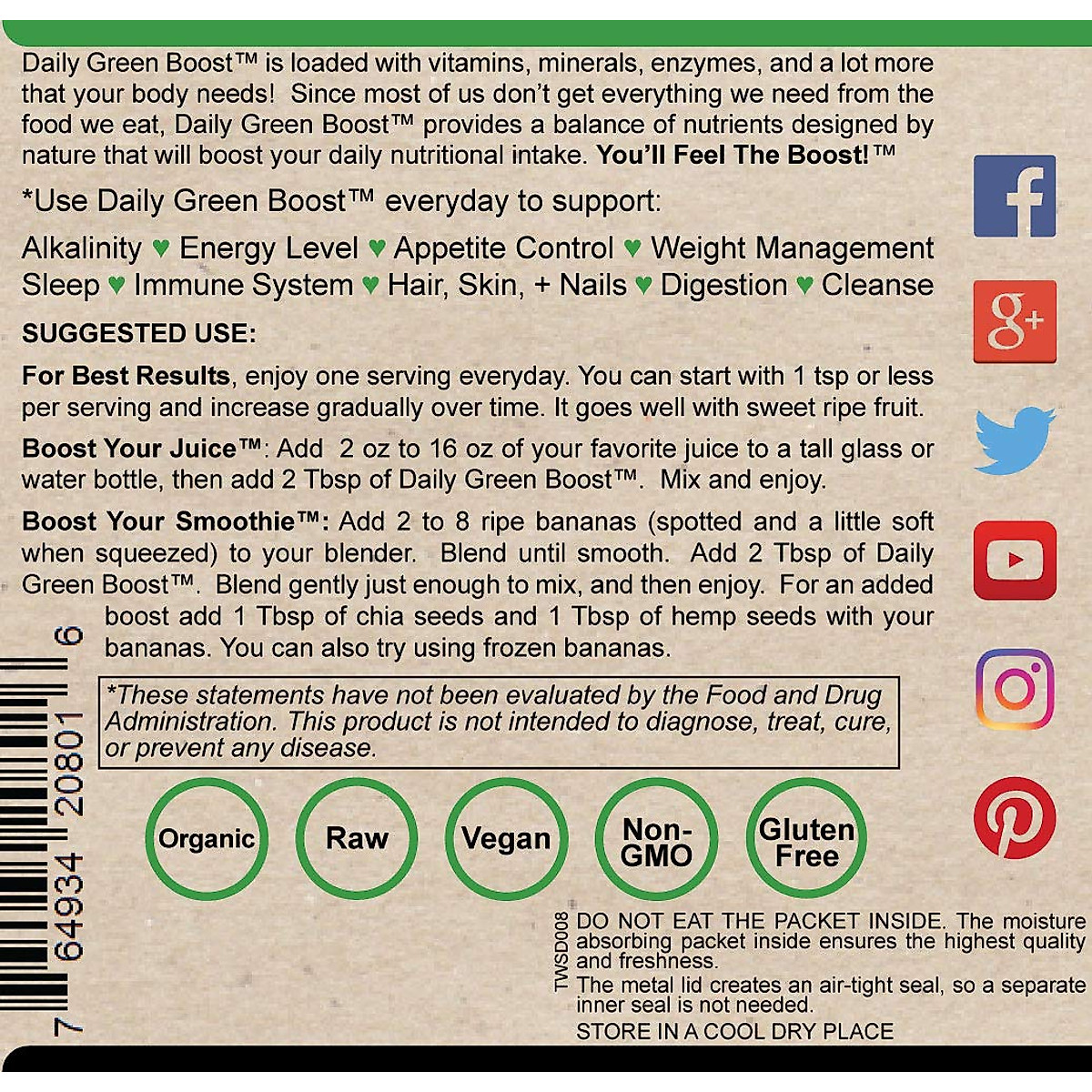 Daily Green Boost 8oz Organic Raw Vegan GF USA