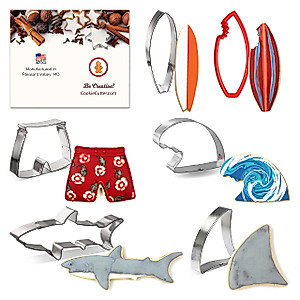 Surfs Up Cookie Cutter 6 Pc Set – Shark, Shark Fin, Surfboard, Surfboard with Bite, Swimming Trunks, Wave, Recipe Card Cookie Cutters Hand Made in the USA from Tin Plated Steel