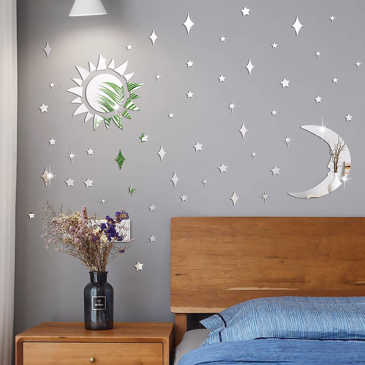 Amaonm Removable 3D Acrylic Mirror Surface Crystal Moon and Stars Wall Decal DIY Home Art Decor Wall Sticker Murals for Kids Boys and Girls Bedroom Room Ceiling Bathroom TV Background