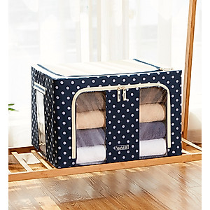 2 Pack 100L Foldable Storage Box with Transparent Double Window, Large Capacity Stackable Clothing Storage Box with Steel Frame and Metal Zipper and Carry Handles (100L, 2xUpgraded Blue Dots)