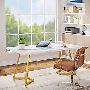 Tribesigns Modern Gold Computer Desk: 55 Inches White and Gold Home Office Desk with Metal Legs, Faux Marble Study Writing Table for Small Spaces, Simple Desk for Bedroom