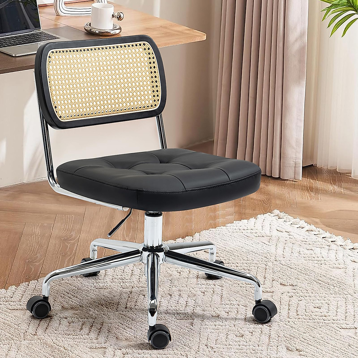 Newnno Mid Century Modern Home Office Chair with Wheels, Armless Leather Desk Chair Rattan Chair, Upholstered Adjustable Height Task Chair Swivel Computer Chair, Black