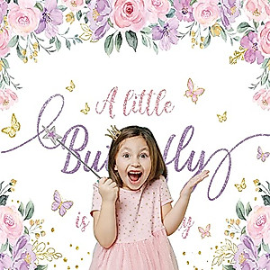 SVBright Butterfly Floral Baby Shower Backdrop 7Wx5H A Little Butterfly is on The Way Pink Purple Flowers Girls Princess Gold Dots Party Decorations Photography Background Banner Photo Booth Studio