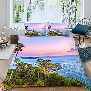 Quilt Cover Twin Size Thailand Scenery 3D Bedding Sets Sea, Coconut Trees Duvet Cover Breathable Hypoallergenic Stain Wrinkle Resistant Microfiber with Zipper Closure,beding Set with 2 Pillowcase