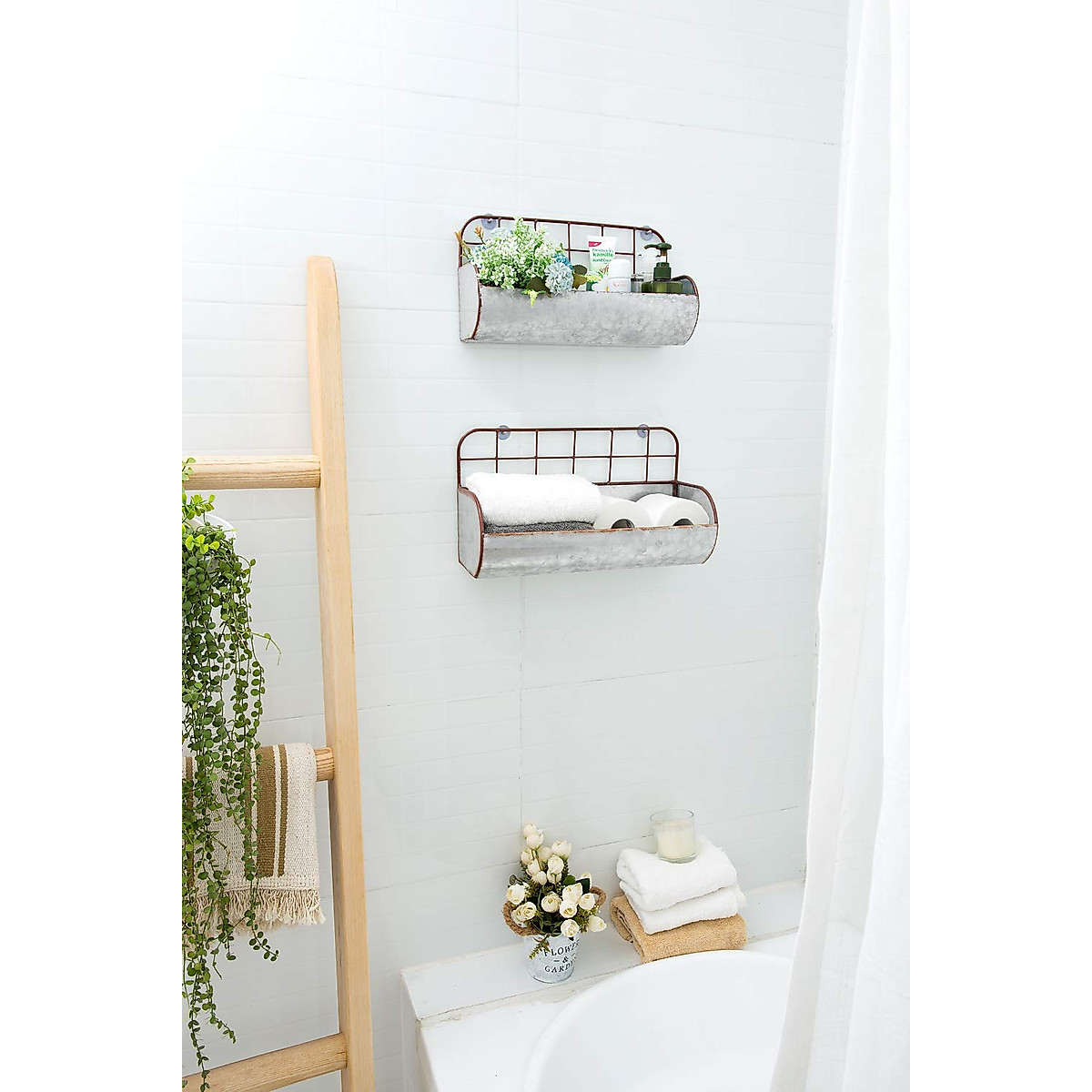 Dahey Farmhouse Galvanized Wall Basket Decor Bathroom Storage Bin Organizer Rustic Metal Wall Planter Wire Back Hanging Shelves for Bedroom Living Room Kitchen Apartment Entryway Laundry, Set of 2