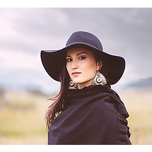 Lanzom Women Lady Retro Wide Brim Large Floppy Panama Hat Belt Wool Fedora Hat (Black 2, One Size)