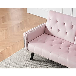 Modern Velvet Tufted Upholstered Futon Sofabed Living Room Loveseat Convertible Sleeper Couch Bed with Nailhead Decor and Drop-Down Cupholdes for Home Office Apartment