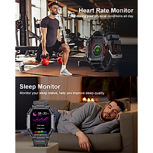 Smart Watches for Men, 1.85 Inch Android iOS Military Smart Watch, Smartwatch with Blood Pressure/Heart Rate/Blood Oxygen Monitor/24 Sports, IP67 Waterproof Tactical Sport Fitness Tracker, 350mAH