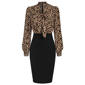 GRACE KARIN Women's Business Colorblock Bodycon Sheath Dress Long Sleeve Tie Neck Office Leopard Pencil Dress Wear to Work Brown XXL