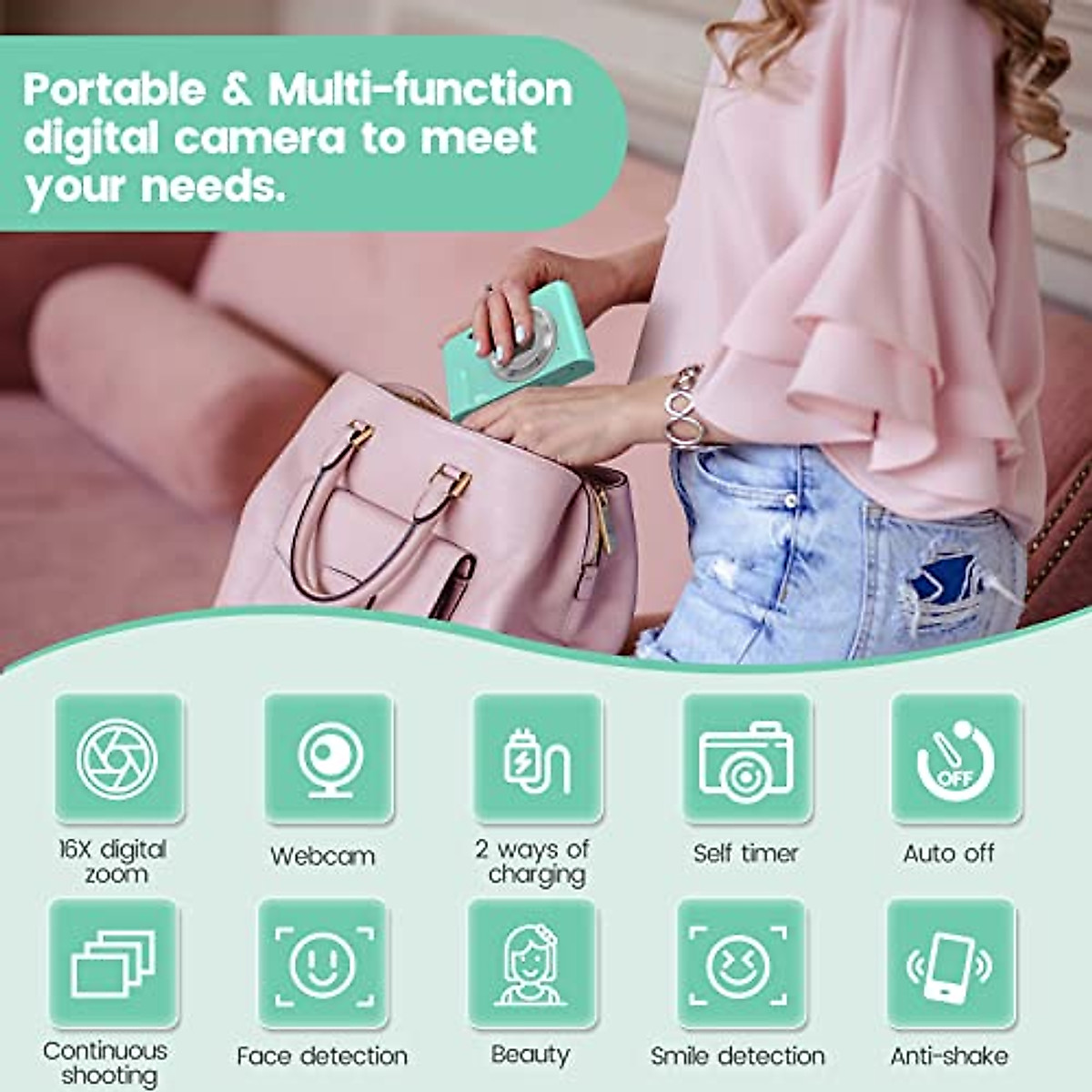 Digital Camera, HUMIDIER FHD 1080P 36MP 16X Digital Zoom Mini Vlogging Video Camera with Battery Charger, Compact Portable Cameras Point and Shoot Camera for Kids,Teens,Beginners (Green)