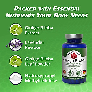 RaDoTech Ginkgo Biloba Support Brain Function, Supplements for Memory and Focus, Natural Antioxidant-Rich, Promotes Overall Health, 120 Vegetarian Capsules, GMP