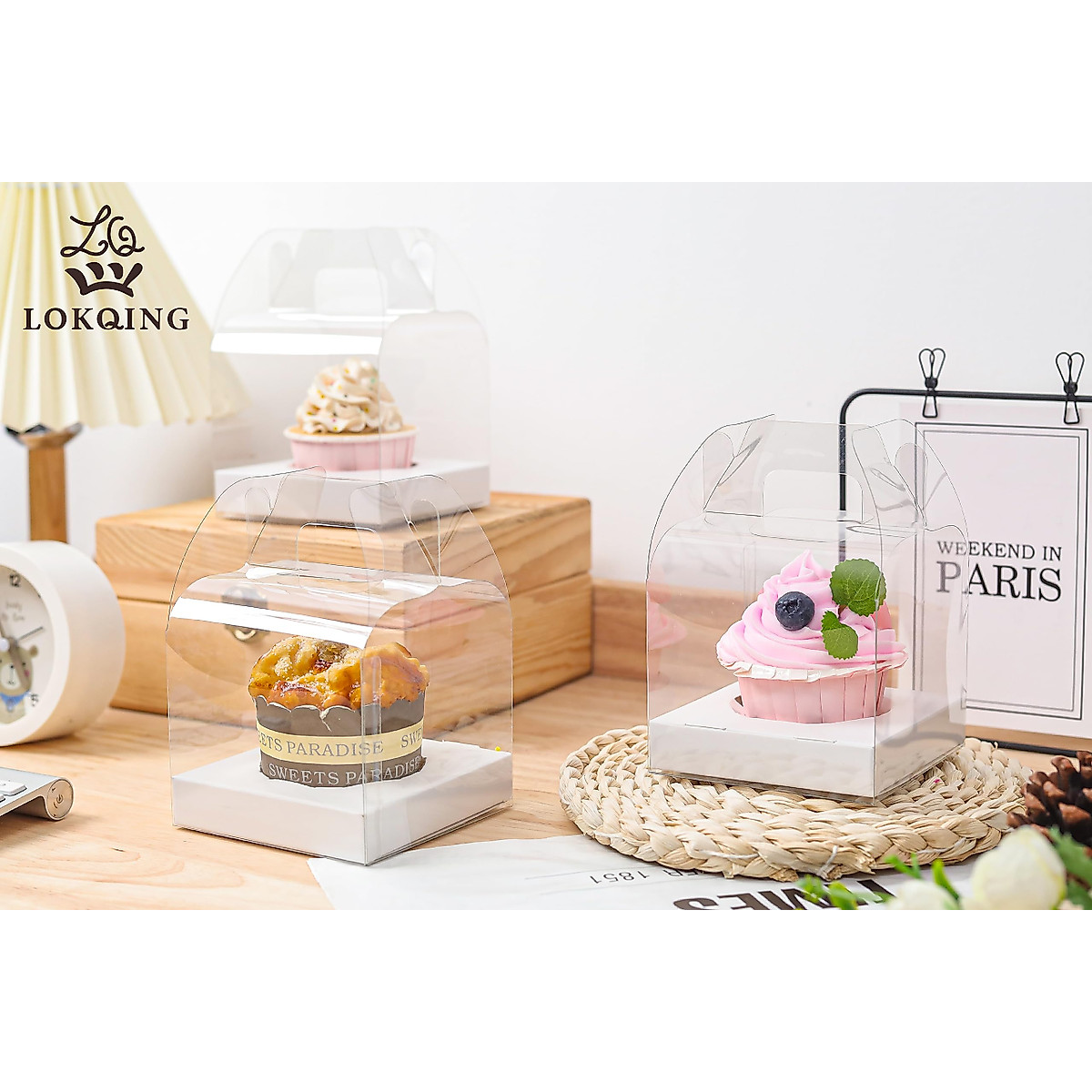 LOKQING 30 PCS Individual Cupcake Containers Single Cupcake Boxes with Handle and Inserts Clear Plastic Favor Boxes