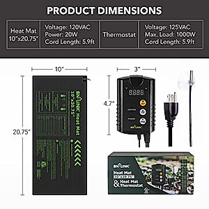 BN-LINK Durable Seedling Heat Mat Heating Pad 10" x 20.75" with Digital Thermostat Controller Combo Set Waterproof for Indoor Seed Starting and Plant Germination
