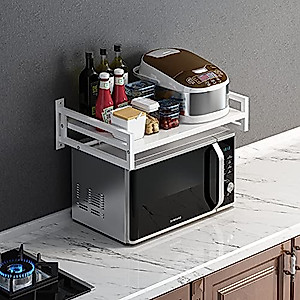 ABCOOL Wall Mount Microwave Oven Shelf Rack for Kitchen Home, Carbon Steel Counter Countertop Holder with Hook Rail and 3 Slidable Hooks