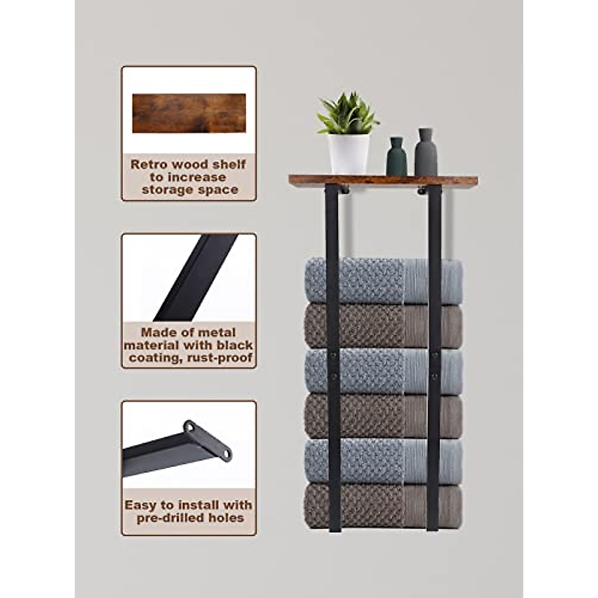 Towel Rack with Wooden Shelf - Metal Towel Racks for Bathroom Wall Mounted, Durable Wall Towel Holder for Rolled Towels Bath Towel Washcloths Spa Small Hand Towels