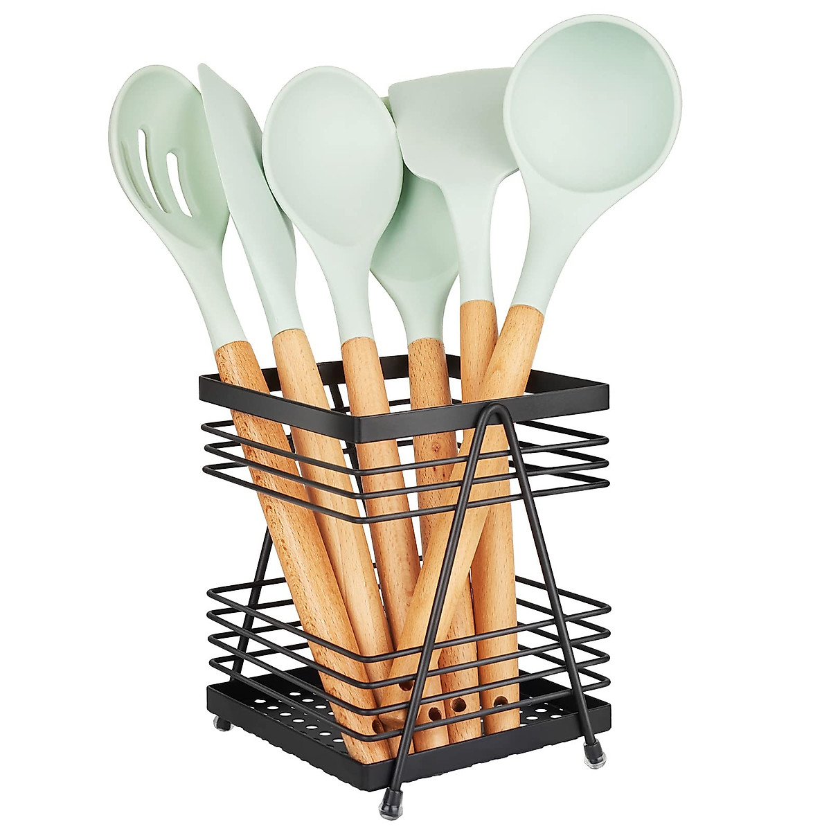 Utensil Holder for Kitchen Counter,Rectangular Matte Black Spoon Spatula Holder,Metal Steel Wire Cooking Utensil Crock Caddy,Elegant Silverware Flatware Organizers Storage for Countertop (1 Pack)